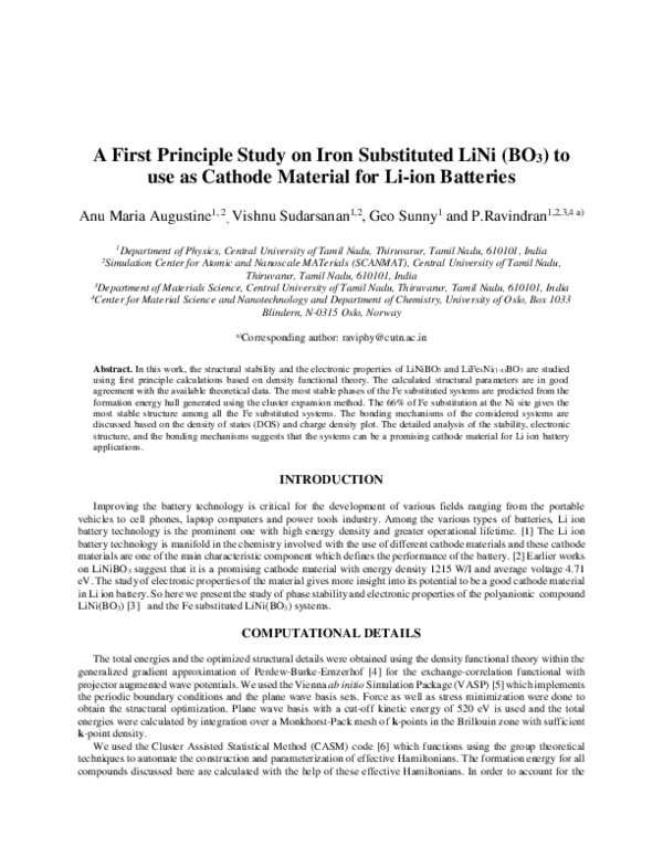 (PDF) A first principle study on iron substituted LiNi (BO3) to use as ...