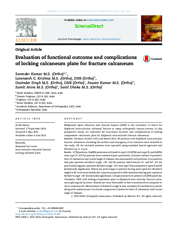 (PDF) Evaluation of functional outcome and complications of locking calcaneum plate for fracture ...