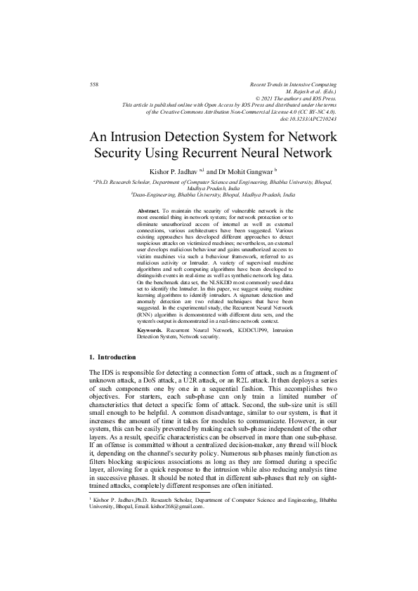 Pdf An Intrusion Detection System For Network Security Using Recurrent Neural Network Mohit