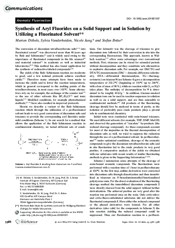 (PDF) Synthesis of Aryl Fluorides on a Solid Support and in Solution by ...