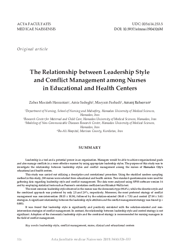 (PDF) The relationship between leadership style and conflict management among nurses in ...