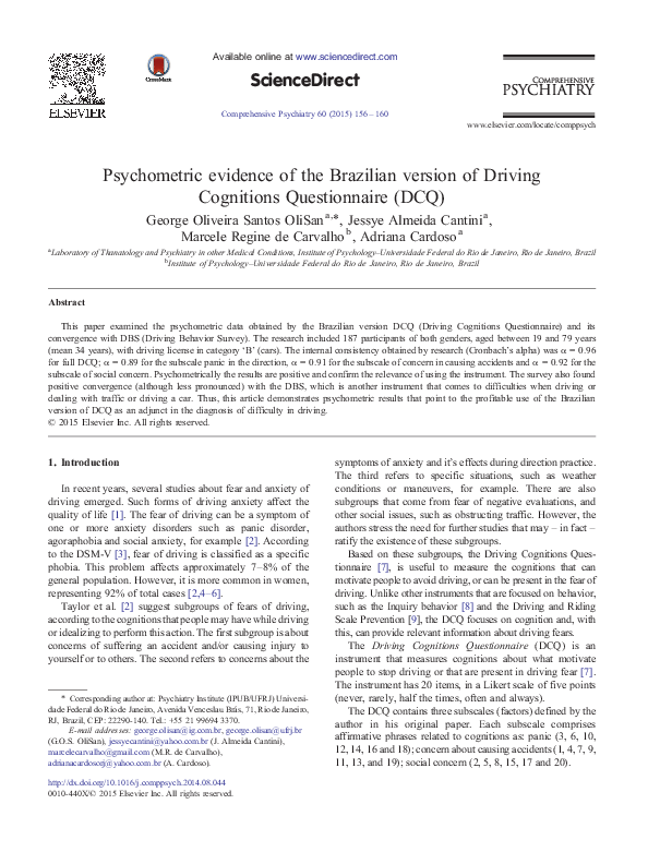 (PDF) Psychometric evidence of the Brazilian version of Driving ...