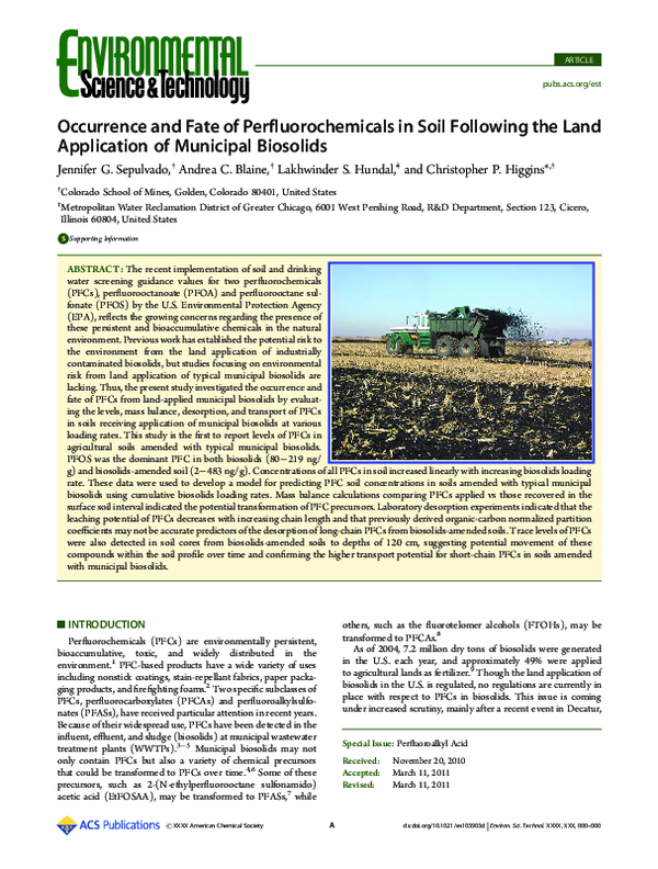 (PDF) Occurrence and Fate of Perfluorochemicals in Soil Following the ...