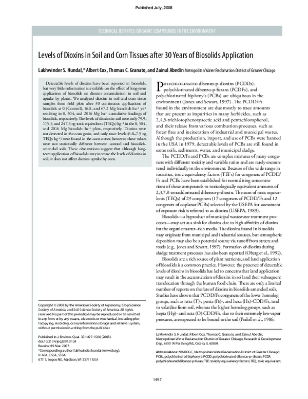 (PDF) Levels of Dioxins in Soil and Corn Tissues after 30 Years of ...