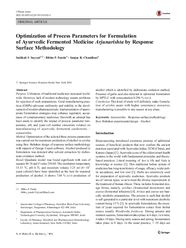 (PDF) Optimization of Process Parameters for Formulation of Ayurvedic Fermented Medicine ...