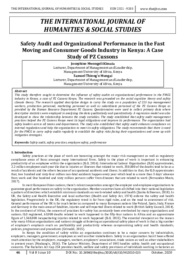 (PDF) Safety Audit and Organizational Performance in the Fast Moving ...