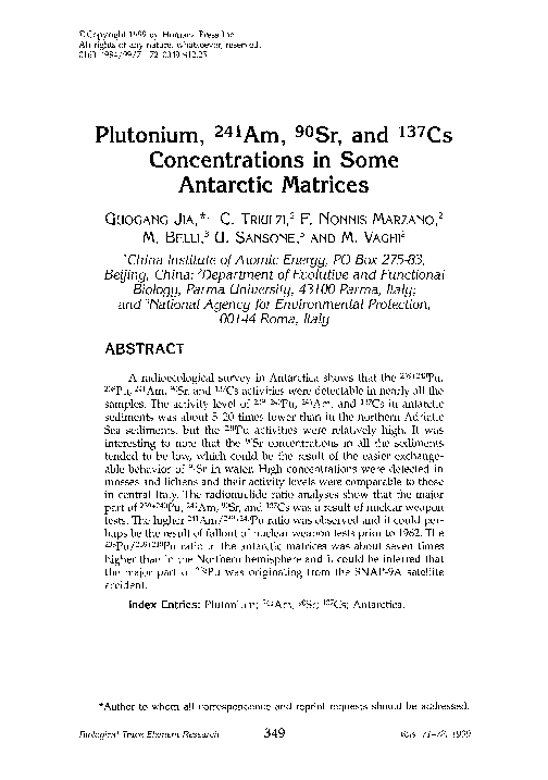 (PDF) Plutonium,241Am,90sr, and137cs concentrations in some antarctic matrices