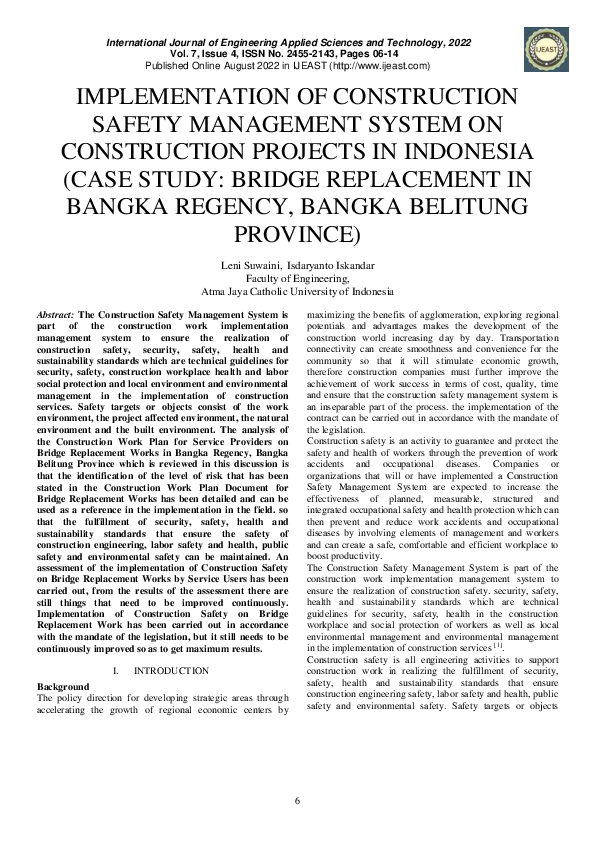 Implementation of Construction Safety Management System on Construction Projects in Indonesia ...