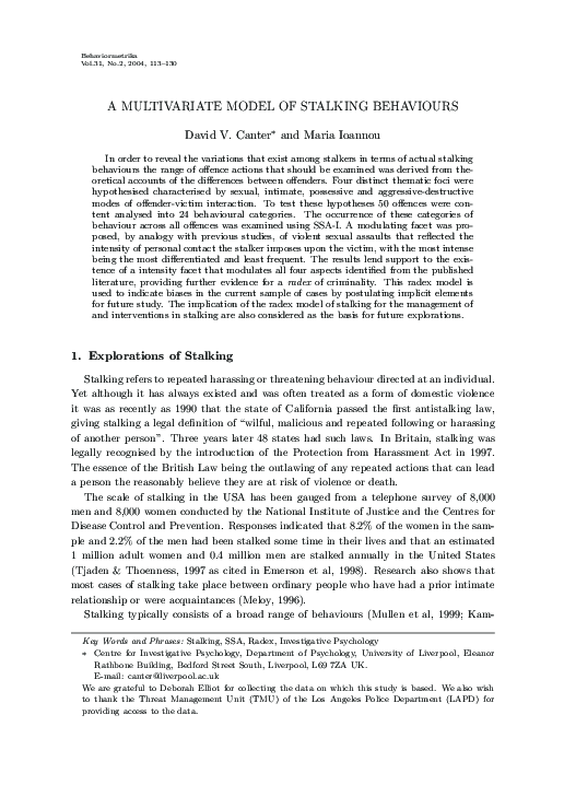 (PDF) A Multivariate Model of Stalking Behaviours
