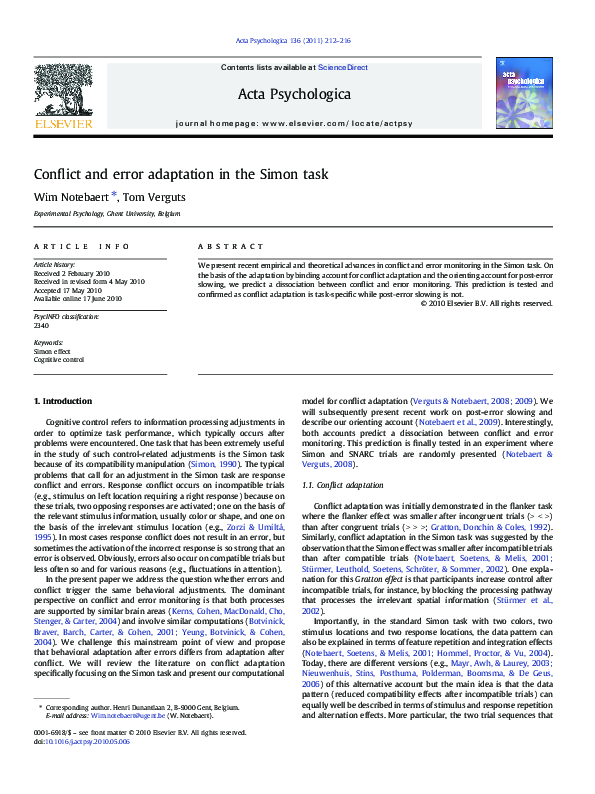 (PDF) Conflict and error adaptation in the Simon task
