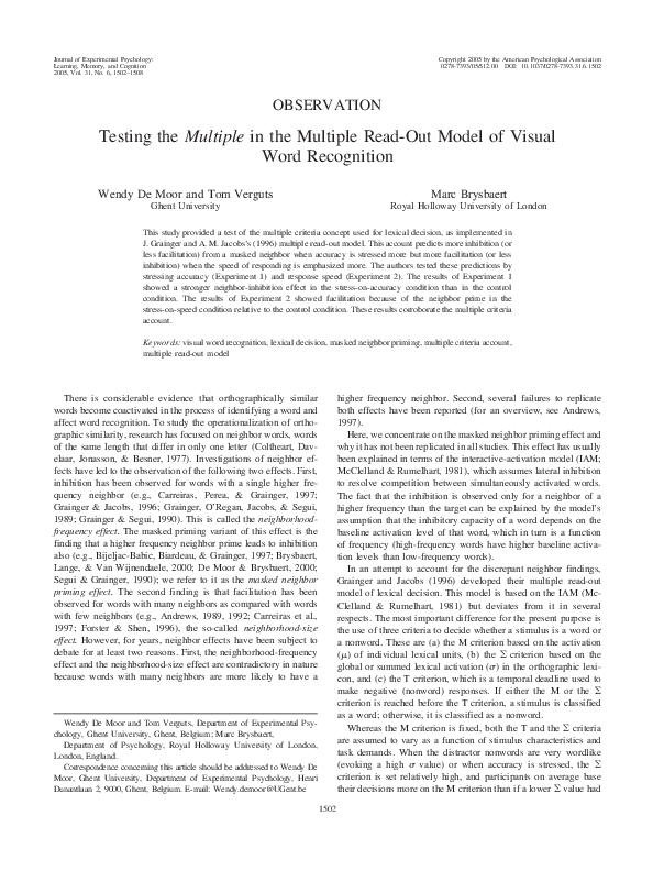 Pdf Testing The Multiple In The Multiple Read Out Model Of Visual