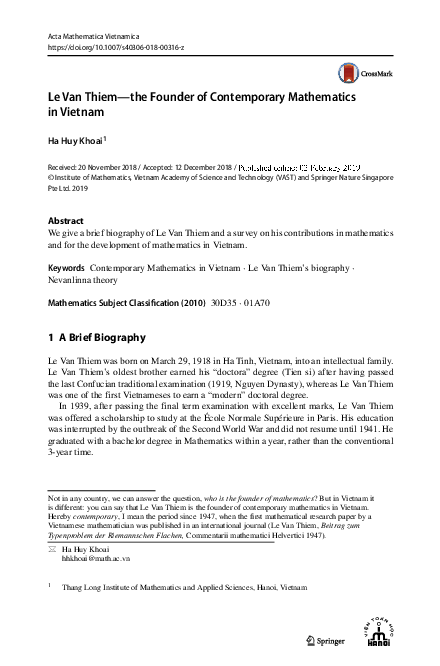 (PDF) Le Van Thiem—the Founder of Contemporary Mathematics in Vietnam