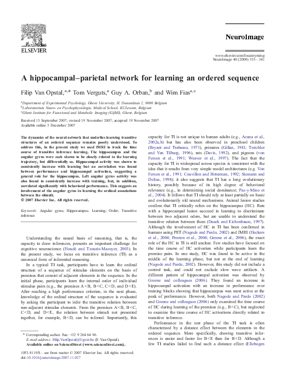 (PDF) A hippocampal–parietal network for learning an ordered sequence
