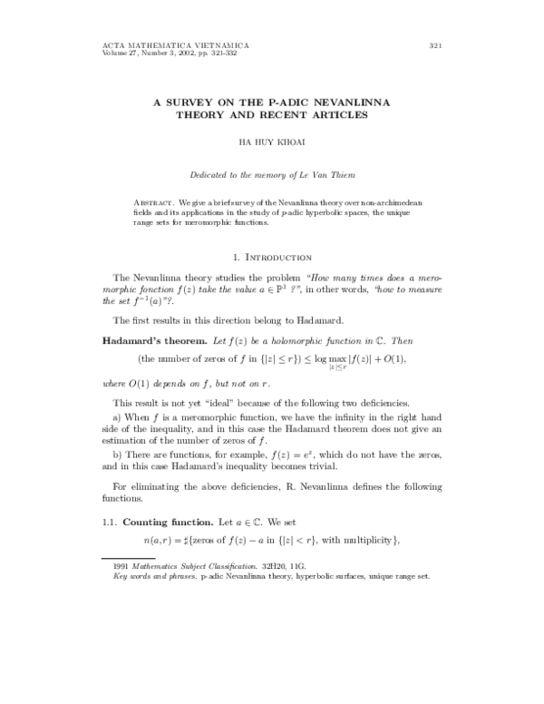 (PDF) A Survey on the P-Adic Nevanlinna Theory and Recent Articles