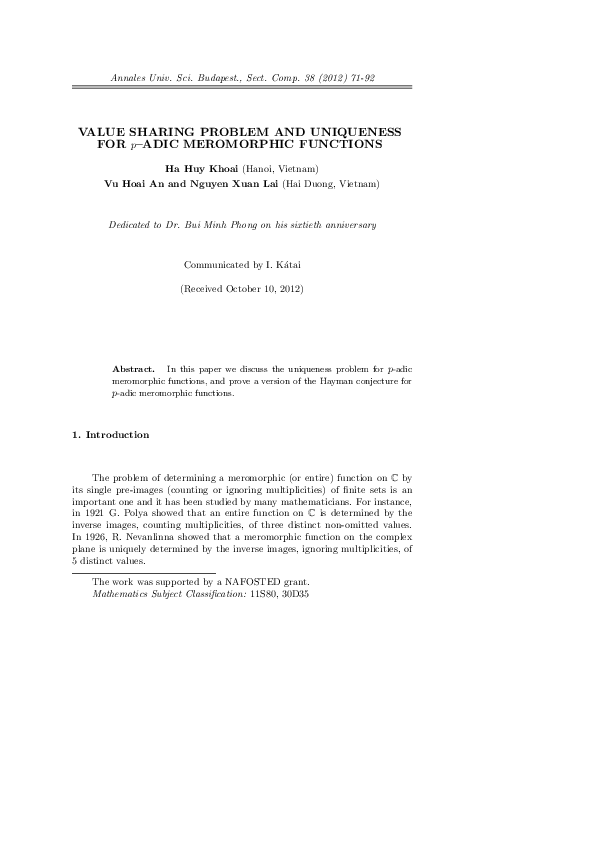 Pdf Value Sharing Problem And Uniqueness For P Adic Meromorphic Functions 