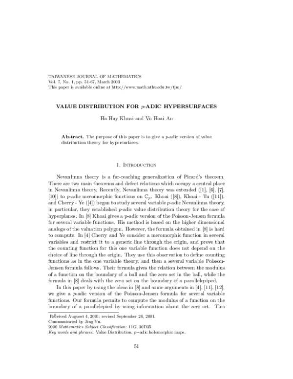 (PDF) VALUE DISTRIBUTION FOR $ p$-ADIC HYPERSURFACES
