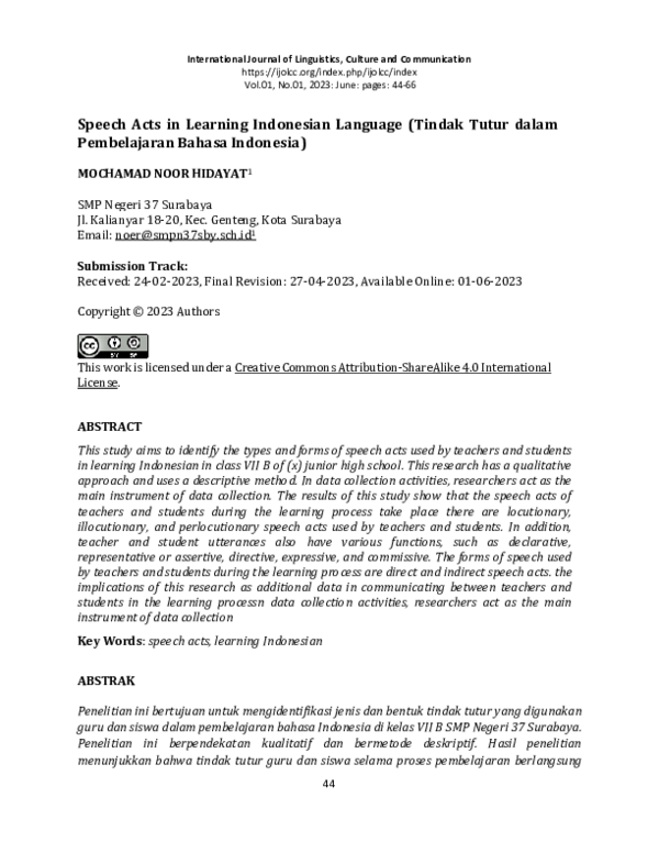 (PDF) Speech Acts in Learning Indonesian Language (Tindak Tutur dalam Pembelajaran Bahasa ...