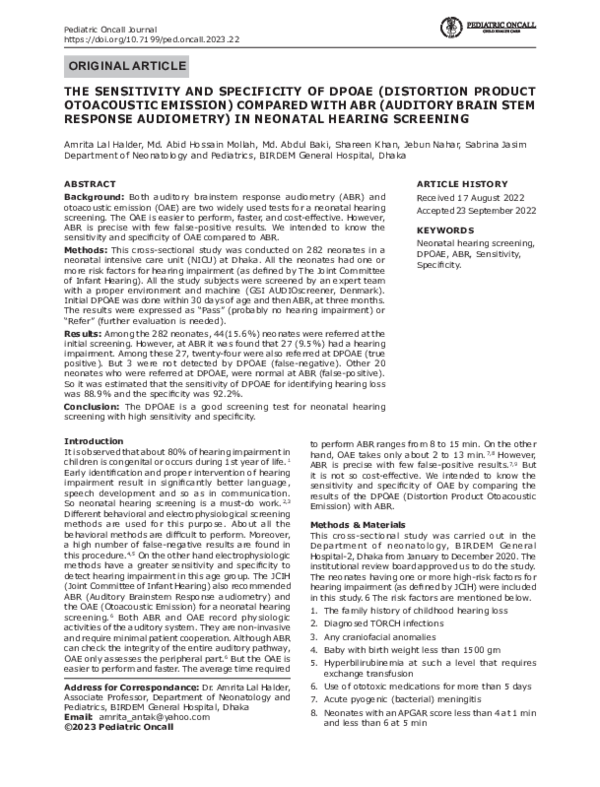 (PDF) The Sensitivity and Specificity of DPOAE (Distortion Product ...