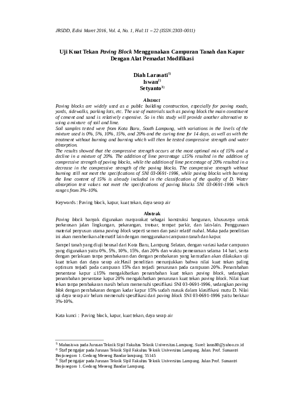 (PDF) Uji Kuat Tekan Paving Block Menggunakan Campuran Tanah dan Kapur Dengan Alat Pemadat ...