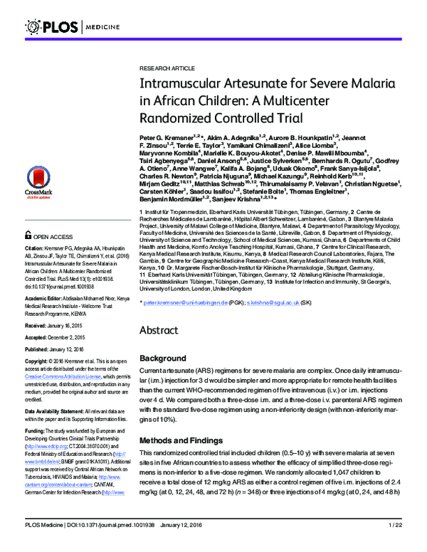 (PDF) Intramuscular Artesunate for Severe Malaria in African Children ...
