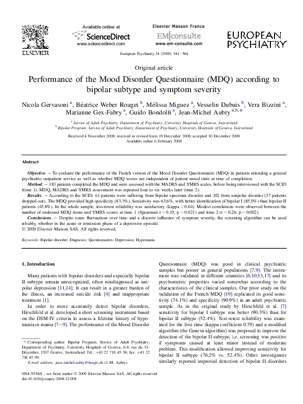 (PDF) Performance of the Mood Disorder Questionnaire (MDQ) according to bipolar subtype and ...