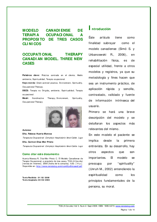 (PDF) El Modelo Canadiense de Terapia Ocupacional: a propósito de tres casos