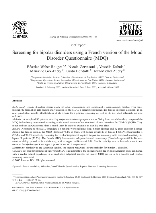 (PDF) Screening for bipolar disorders using a French version of the ...