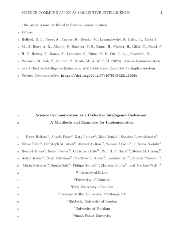 Pdf Science Communication As A Collective Intelligence Endeavour A Manifesto And Examples For