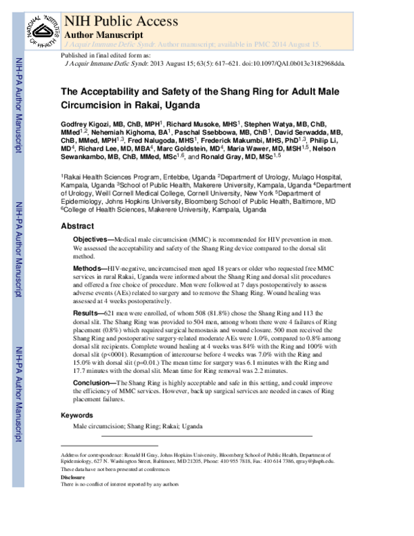 (PDF) The Acceptability and Safety of the Shang Ring for Adult Male ...