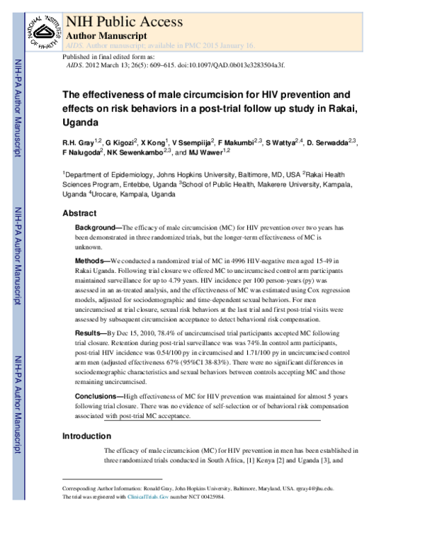 (PDF) The effectiveness of male circumcision for HIV prevention and ...