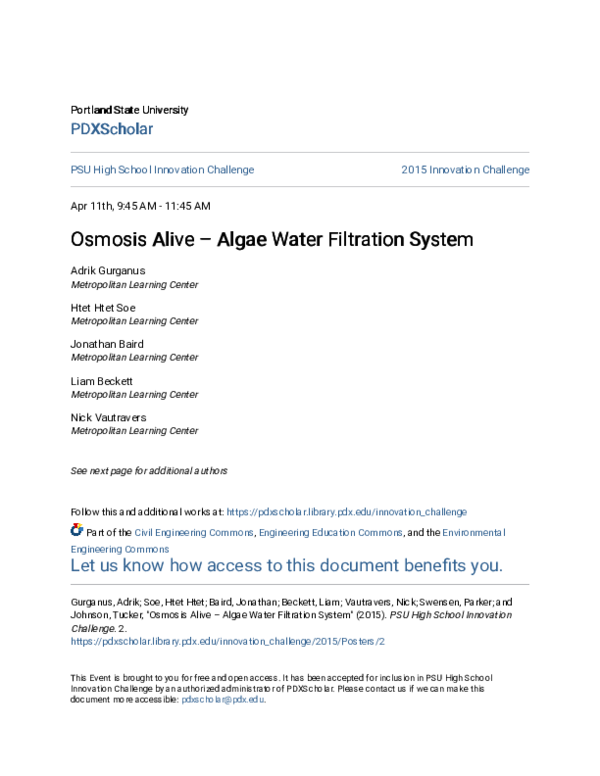 Pdf Osmosis Alive Algae Water Filtration System Htet Soe