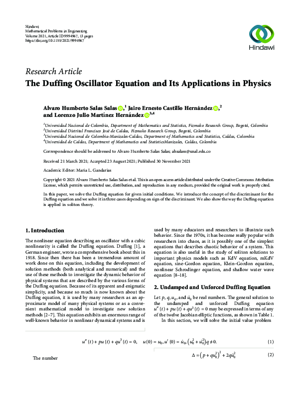 (PDF) The Duffing Oscillator Equation and Its Applications in Physics