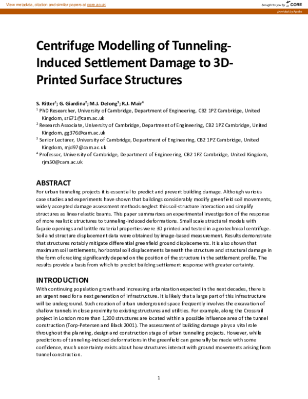 (PDF) Centrifuge modelling of tunneling-induced settlement damage to 3D-printed surface ...