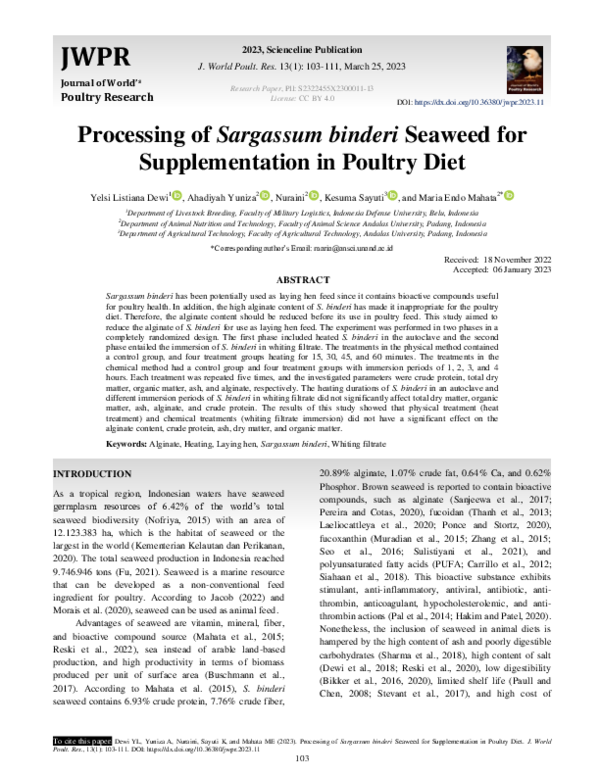 (PDF) Processing of Sargassum binderi Seaweed for Supplementation in ...