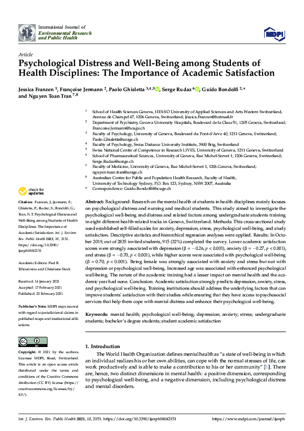 (PDF) Psychological Distress and Well-Being Among Students of Health ...