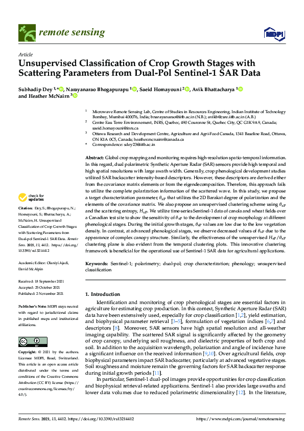 (PDF) Unsupervised Classification of Crop Growth Stages with Scattering Parameters from Dual-Pol ...