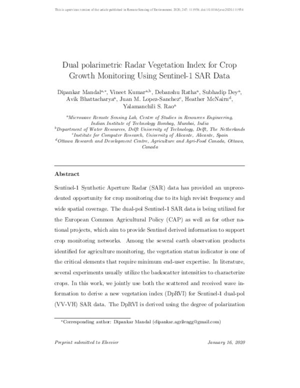 Pdf Dual Polarimetric Radar Vegetation Index For Crop Growth Monitoring Using Sentinel 1 Sar Data