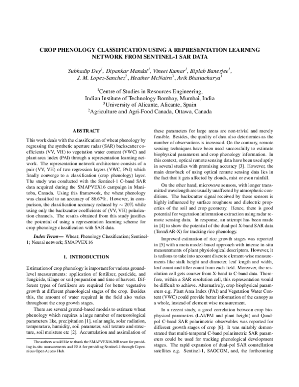 Pdf Crop Phenology Classification Using A Representation Learning Network From Sentinel 1 Sar Data