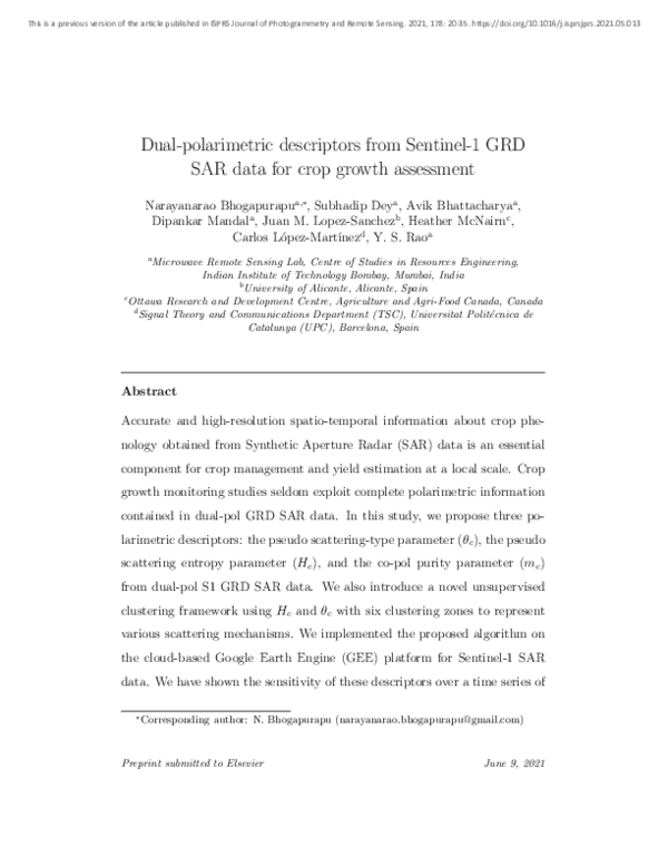 (PDF) Dual-polarimetric descriptors from Sentinel-1 GRD SAR data for ...