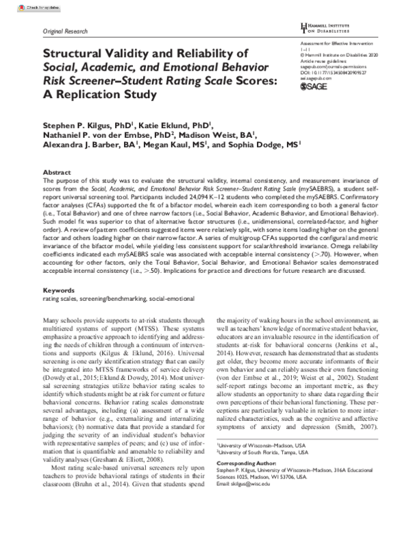(PDF) Structural Validity and Reliability of Social, Academic, and Emotional Behavior Risk ...