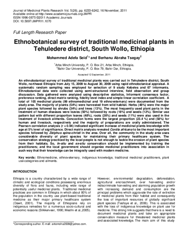 (PDF) Ethnobotanical survey of traditional medicinal plants in Tehuledere district, South Wollo ...