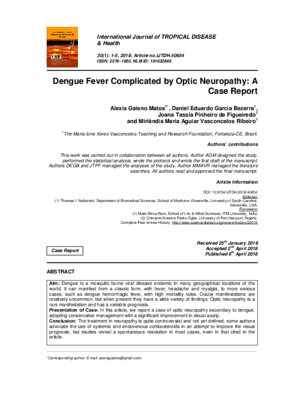 (PDF) Dengue Fever Complicated by Optic Neuropathy: A Case Report
