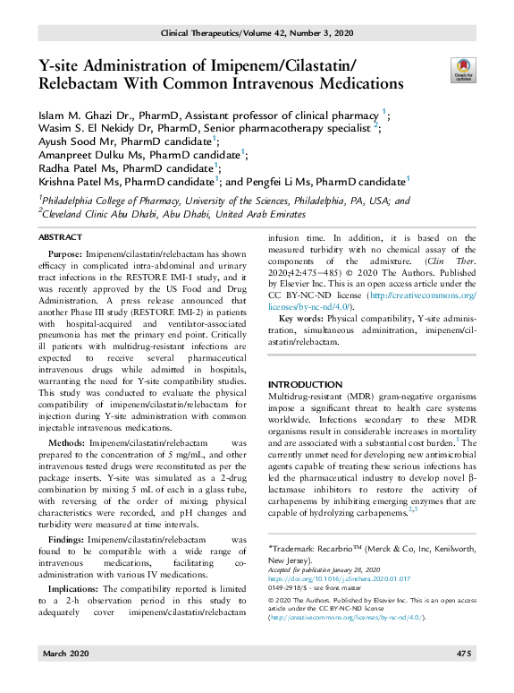 (PDF) Y-site Administration of Imipenem/Cilastatin/Relebactam With ...