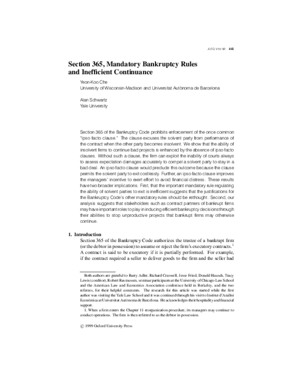 (PDF) Section 365, mandatory bankruptcy rules and inefficient continuance