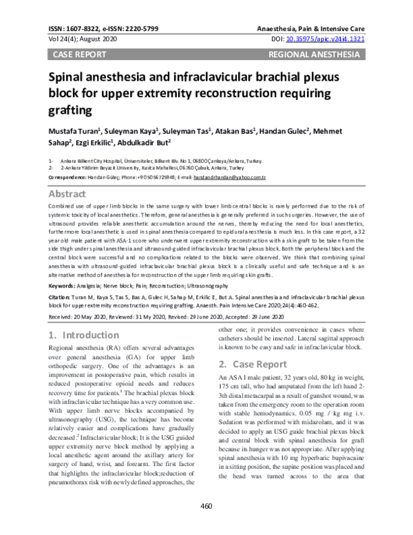 Pdf Spinal Anesthesia And Infraclavicular Brachial Plexus Block For Upper Extremity