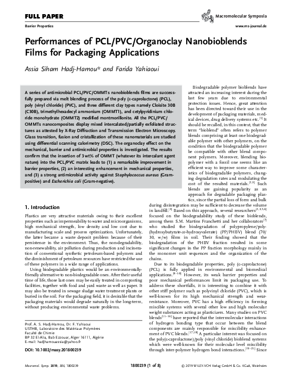 (PDF) Performances of PCL/PVC/Organoclay Nanobioblends Films for Packaging Applications