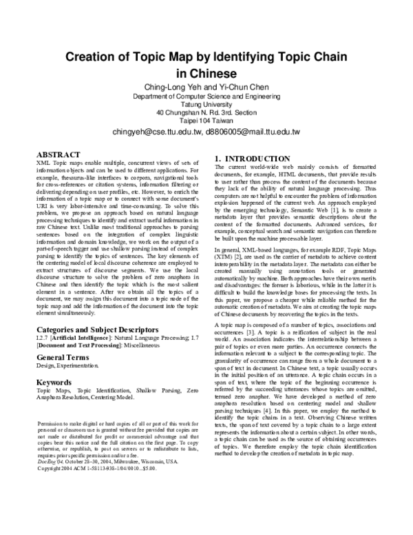 (PDF) Creation of topic map by identifying topic chain in chinese