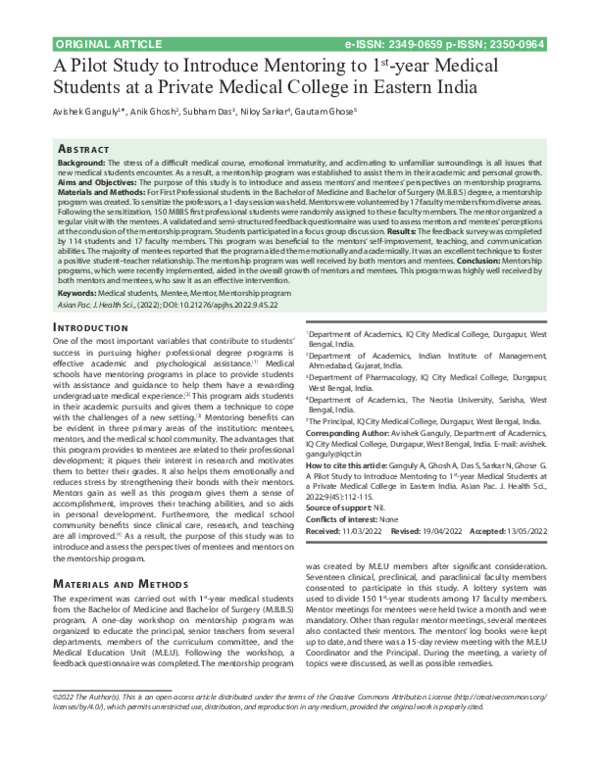 (PDF) A Pilot Study to Introduce Mentoring to 1st-year Medical Students ...