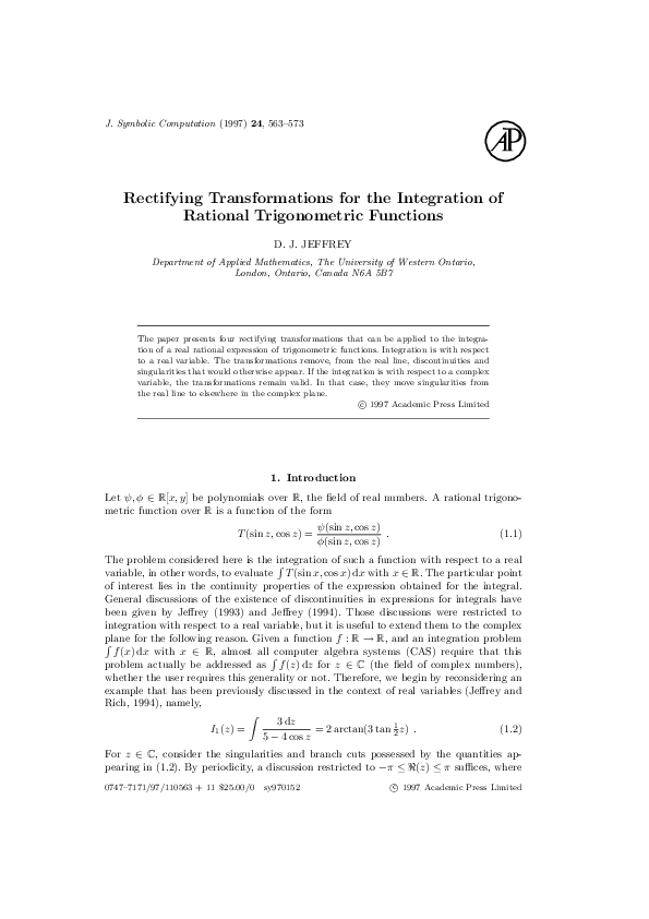 (PDF) Rectifying Transformations for the Integration of Rational Trigonometric Functions