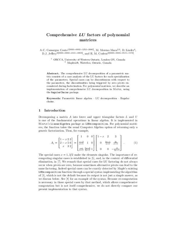 (PDF) Comprehensive LU Factors of Polynomial Matrices